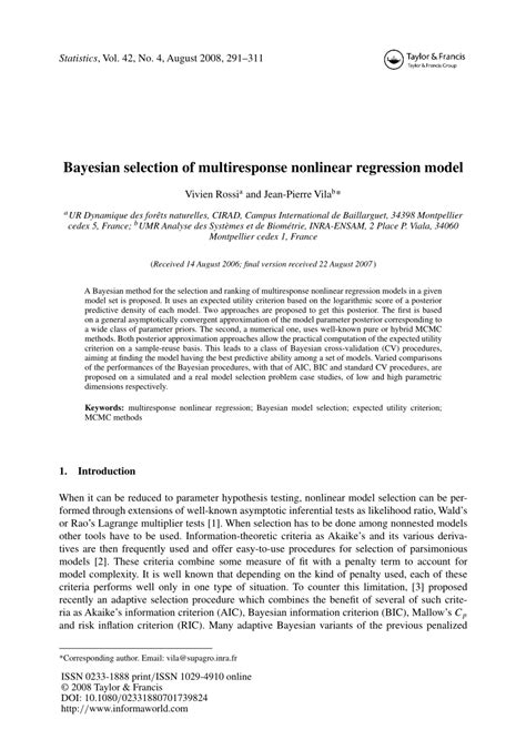 pdf bayesian selection of multiresponse nonlinear regression model