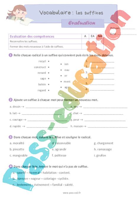 Les suffixes Évaluation de vocabulaire pour le ce2 PDF à imprimer