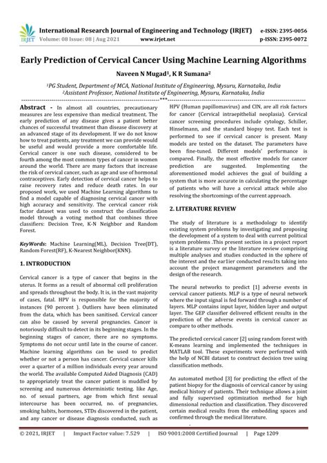 pdf early prediction of cervical cancer using machine learning algorithms
