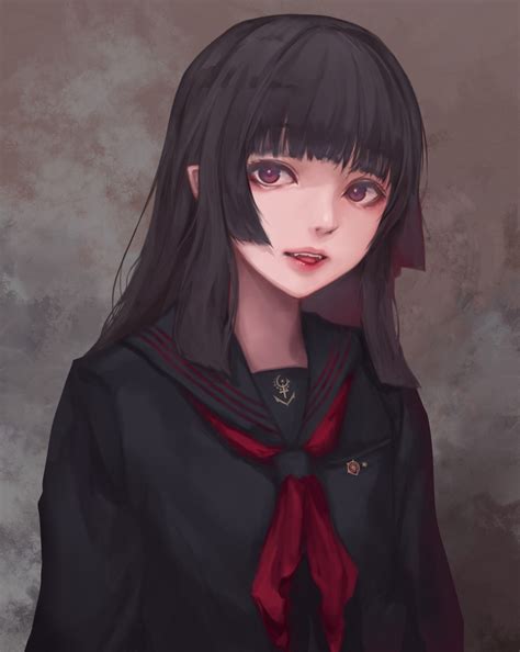 Safebooru 1girl Black Hair Blush Fangs Hime Cut Jname Long Hair Long Sleeves Looking At Viewer