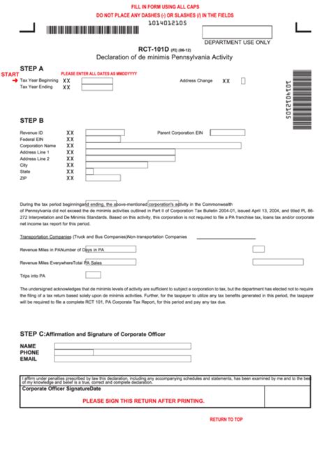 Fillable Form Rct 101d Declaration Of De Minimis Pennsylvania