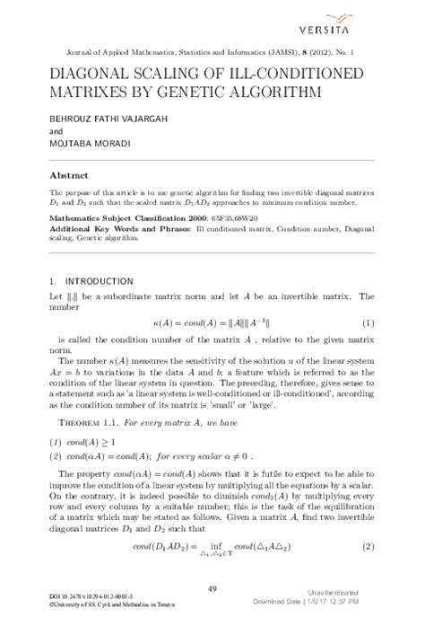 pdf diagonal scaling of ill conditioned matrixes by genetic algorithm behrouz fathi vajargah