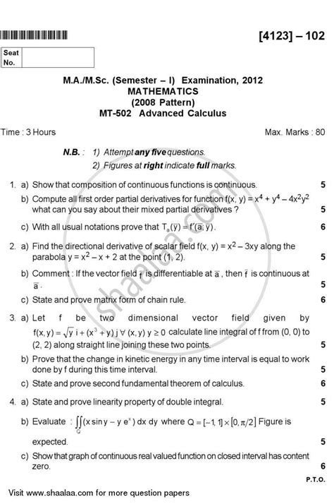 advanced calculus 2011 2012 m sc mathematics semester 1 question paper with pdf download