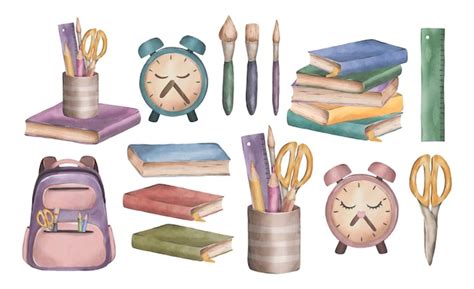 Lindo conjunto de acuarela con útiles escolares ilustraciones de