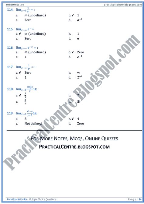 functions and limits mcqs mathematics xii practical centre