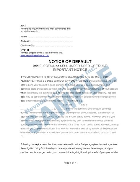 NOTICE OF DEFAULT And ELECTION To SELL UNDER DEED OF TRUST Nevada