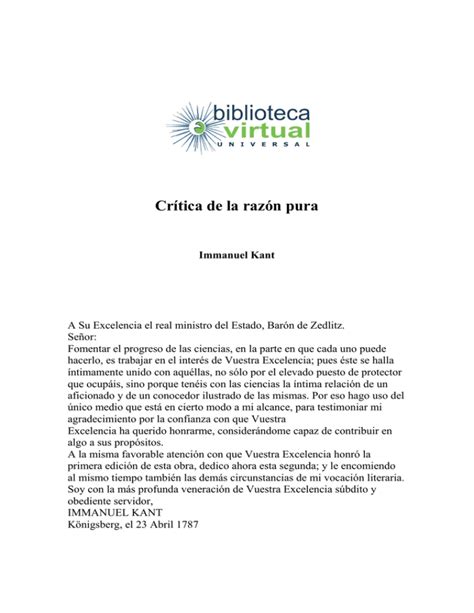Crítica de la razón pura Biblioteca Virtual Universal