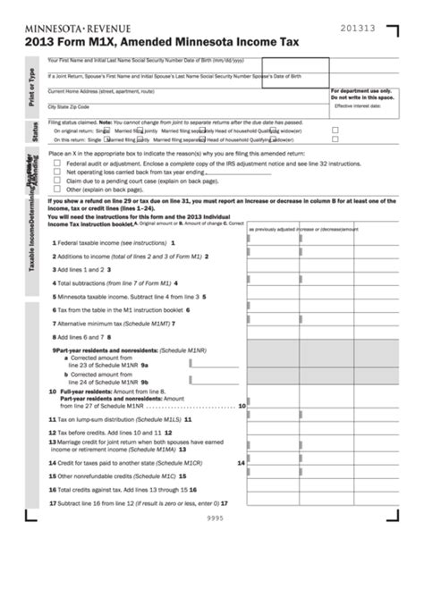 Fillable Form M1x Amended Minnesota Income Tax 2013 Printable Pdf