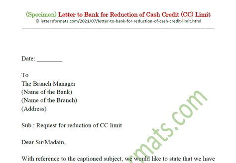 Sample Letter To Bank For Reduction Of Cash Credit CC Limit