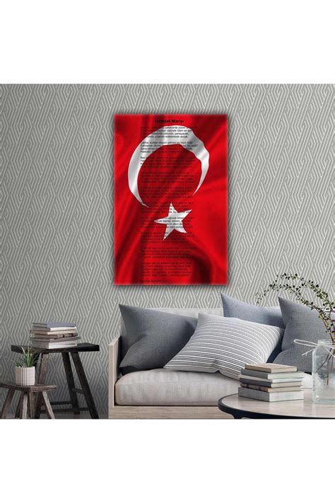 SML TABLO Türk Bayrağı Ay Yıldız Istiklal Marşı Dikey Kanvas Tablo