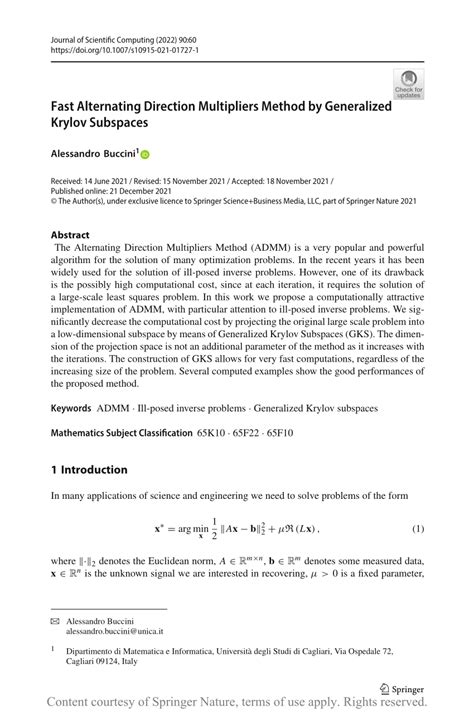 fast alternating direction multipliers method by generalized krylov subspaces request pdf