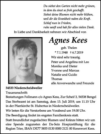 Traueranzeigen Von Agnes Kees Volksfreund Trauer De
