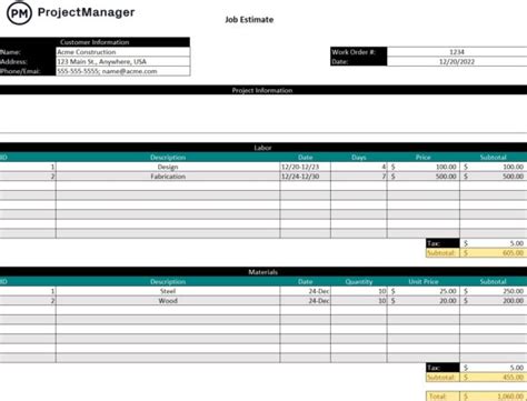 Microsoft Excel Estimate Template