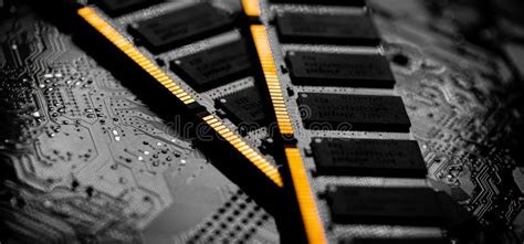 Macro Close Up Of Computer Ram Chip And Motherboard Stock Image Image