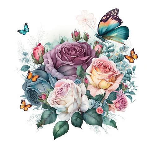 Ramo De Flores Rosas Acuarela Con Mariposas Rodeado Aislado Sobre Fondo