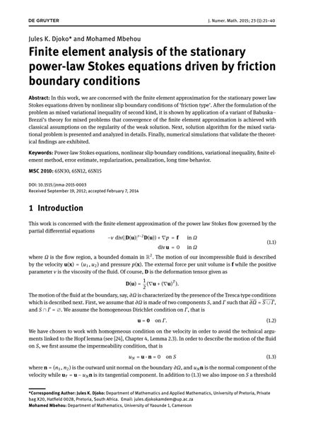 pdf finite element analysis of the stationary power law stokes equations driven by friction