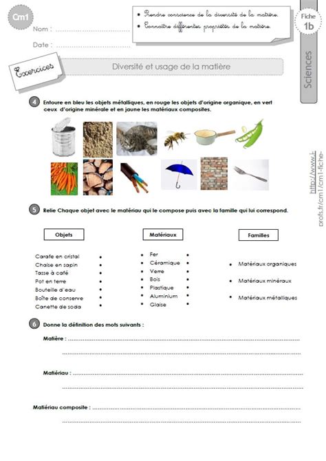 Cm Sciences Et Technologie Exercices Diversit Et Usage De La Mati Re