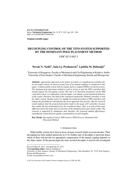 pdf decoupling control of the tito system supported by the dominant pole placement method