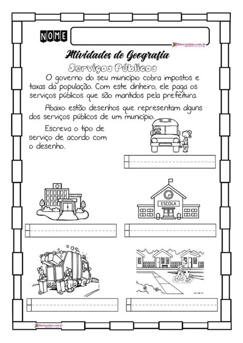 Atividades de geografia município e serviços públicos 3º ano
