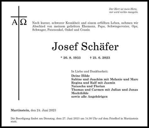 Traueranzeigen von Josef Schäfer rz trauer de
