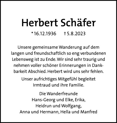 Traueranzeigen von Herbert Schäfer Trauer Gedenken