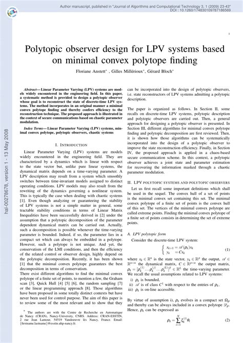 pdf polytopic observer design for lpv systems based on minimal convex polytope finding