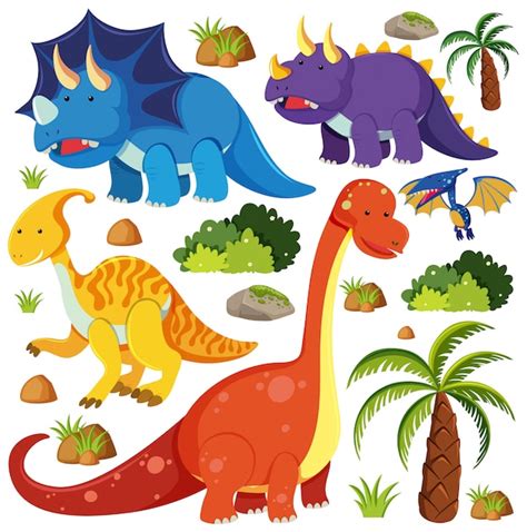 Conjunto De Dinosaurios Lindos Aislado Sobre Fondo Blanco Vector Premium