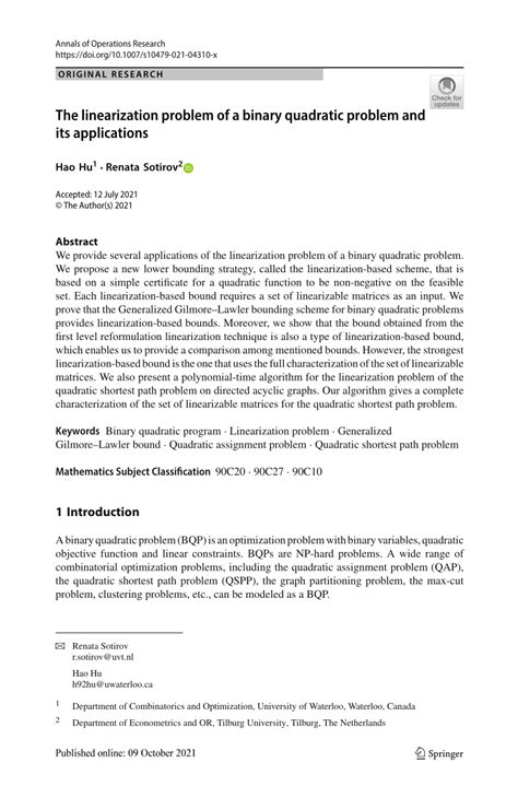pdf the linearization problem of a binary quadratic problem and its applications