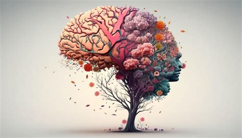 Árbol del cerebro humano con flores autocuidado y concepto de salud