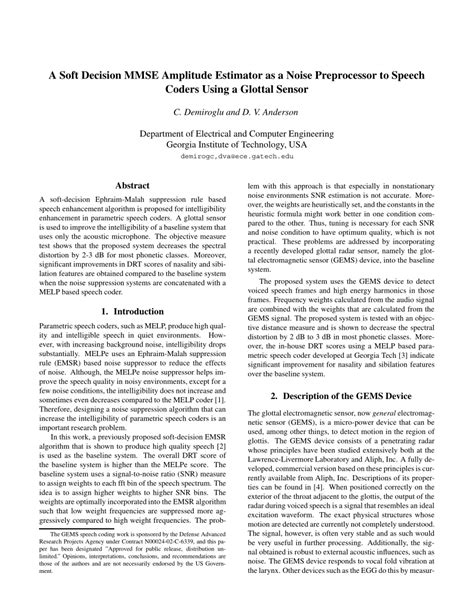 pdf a soft decision mmse amplitude estimator as a noise preprocessor to speech coder s using a