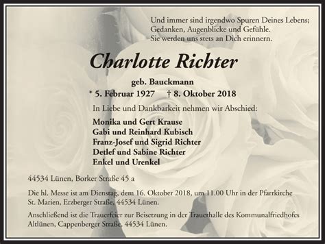 Traueranzeigen Von Charlotte Richter Trauer In NRW De