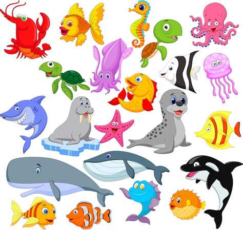 Set De Dibujos Animados De La Vida Marina Vector Premium