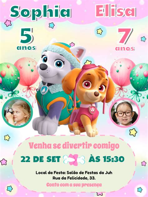 Invitación de cumpleaños de Skye y Everest de Paw Patrol con foto Un