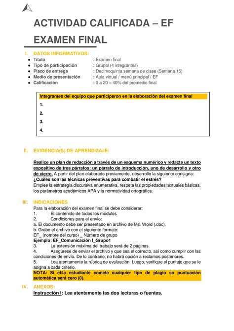 LENG 1001 222 Es Mi Examen Final Help ACTIVIDAD CALIFICADA EF