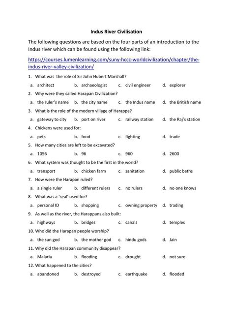 Indus River Valley Civilization Worksheets