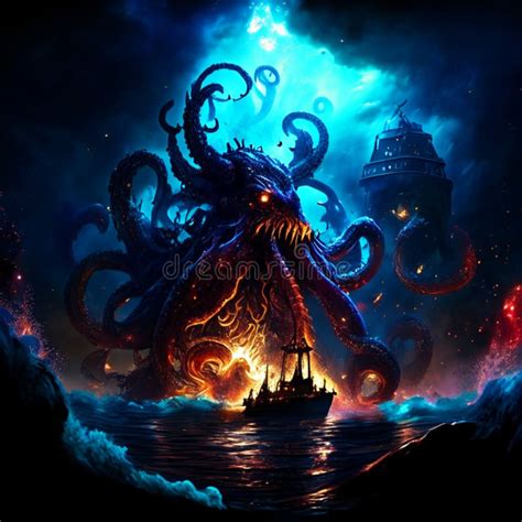 Fantastic Monster With Tentacles In The Water 3d Rendering Ai Generated Stock Illustration