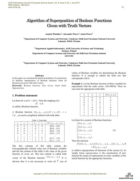 pdf algorithm of superposition of boolean functions given with truth vectors