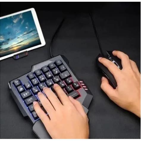 Kit Teclado de Uma Mão Rgb Led Para Celular Cabo Otg Micro Usb