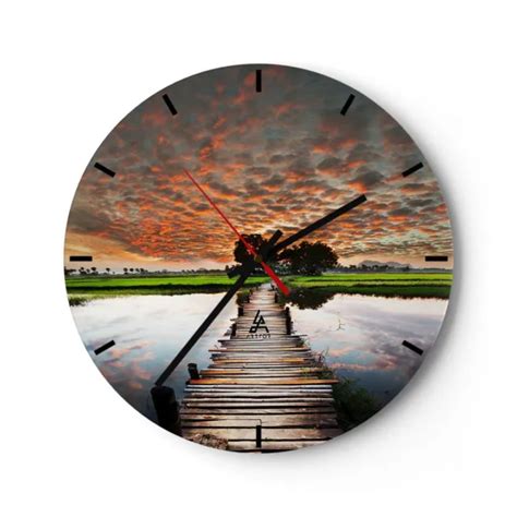 HORLOGE MURALE EN Verre 30x30cm Silencieuse Asie Pont Lac Nature Wall