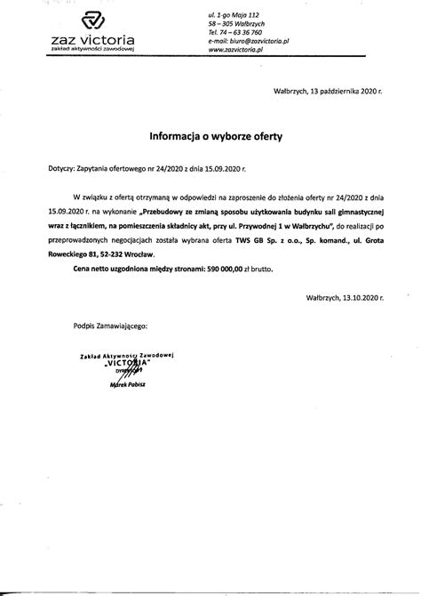 Informacja O Wyborze Oferty W Przetargu Nr 24 2020