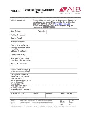 Fillable Online Cb Aibonline Report A Recall Form AIB International