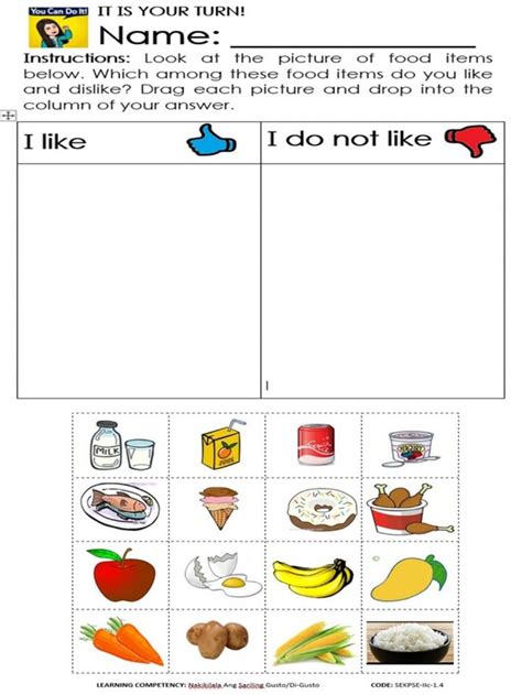 RECOGNIZING FOOD ITEMS THAT I LIKE AND DISLIKE DRAG AND DROP