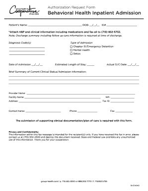 Fillable Online Authorization Request Form Behavioral Health Inpatient
