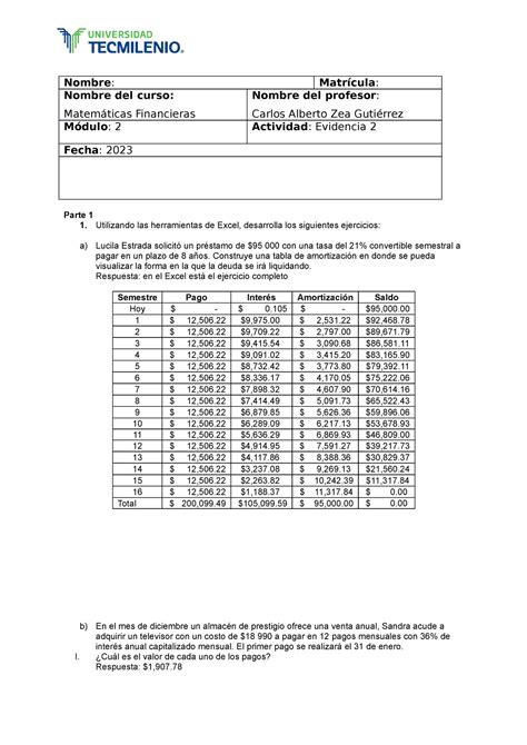 Matematicas Financieras Evidencia 2 Nombre Matrícula Nombre del
