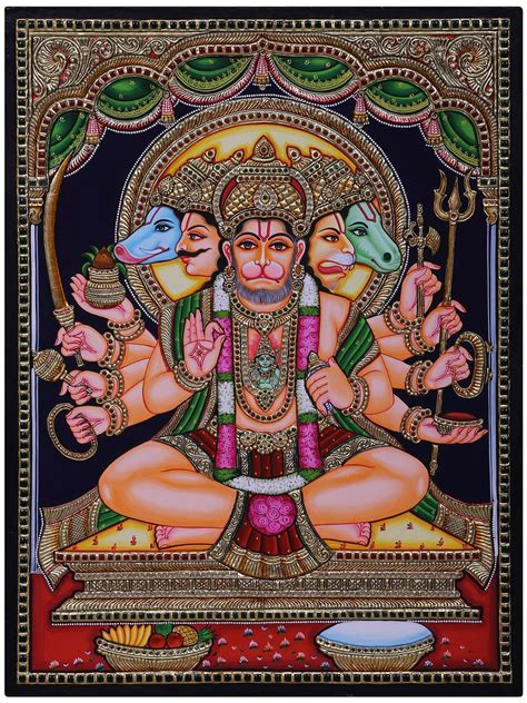 Panchmukhi Lord Hanuman Holding Weapons In Hands Tanjore Painting