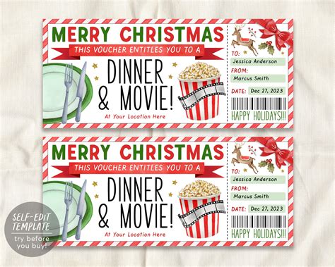 Christmas Dinner And Movie Gift Voucher Editable Template Surprise
