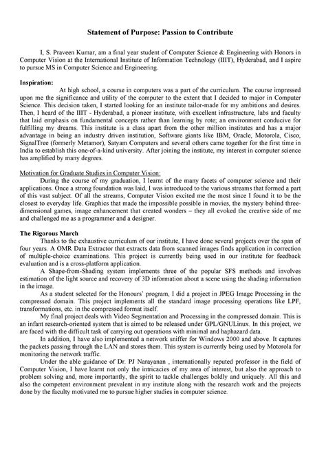 Example Of Statement Of Purpose For University