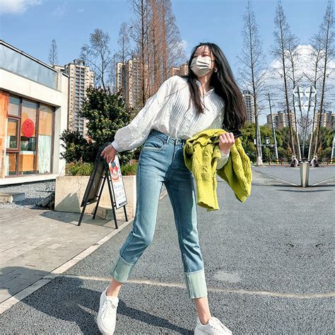 抹茶绿春夏浅蓝色高腰直筒牛仔裤女小个子九分弹力显瘦烟管裤撞色 虎窝淘