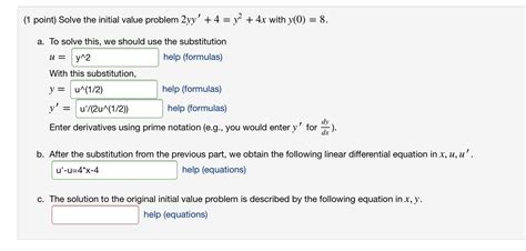 solved 1 point solve the initial value problem 2yy 4