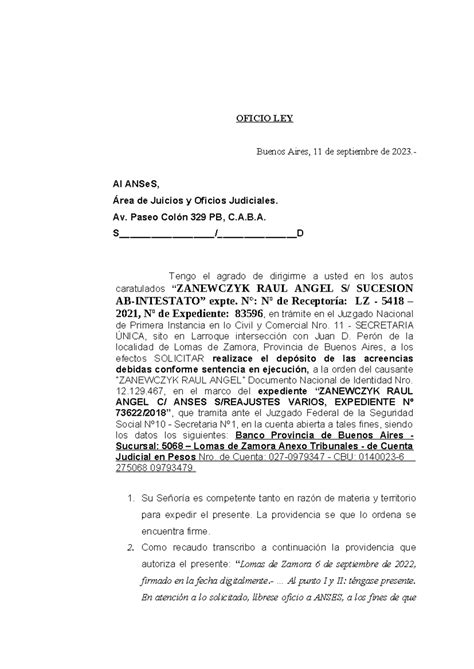 Oficio Anses Reiteratorio Oficio Ley Buenos Aires De